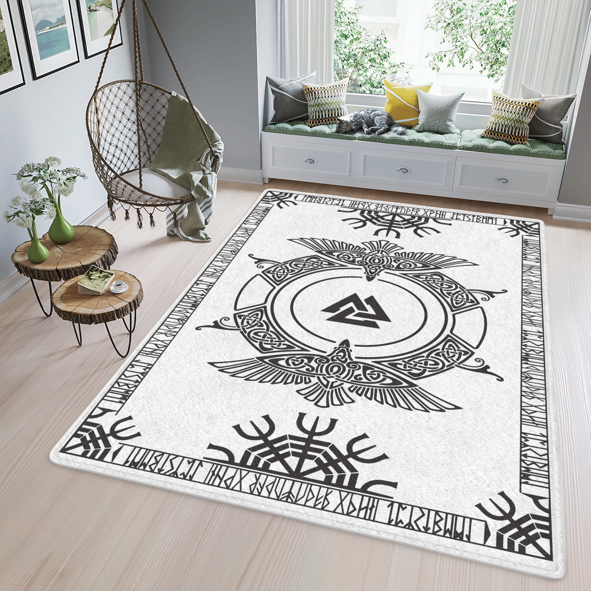 Viking Valknut Symbol And Raven Viking Area Rug - Bluefink